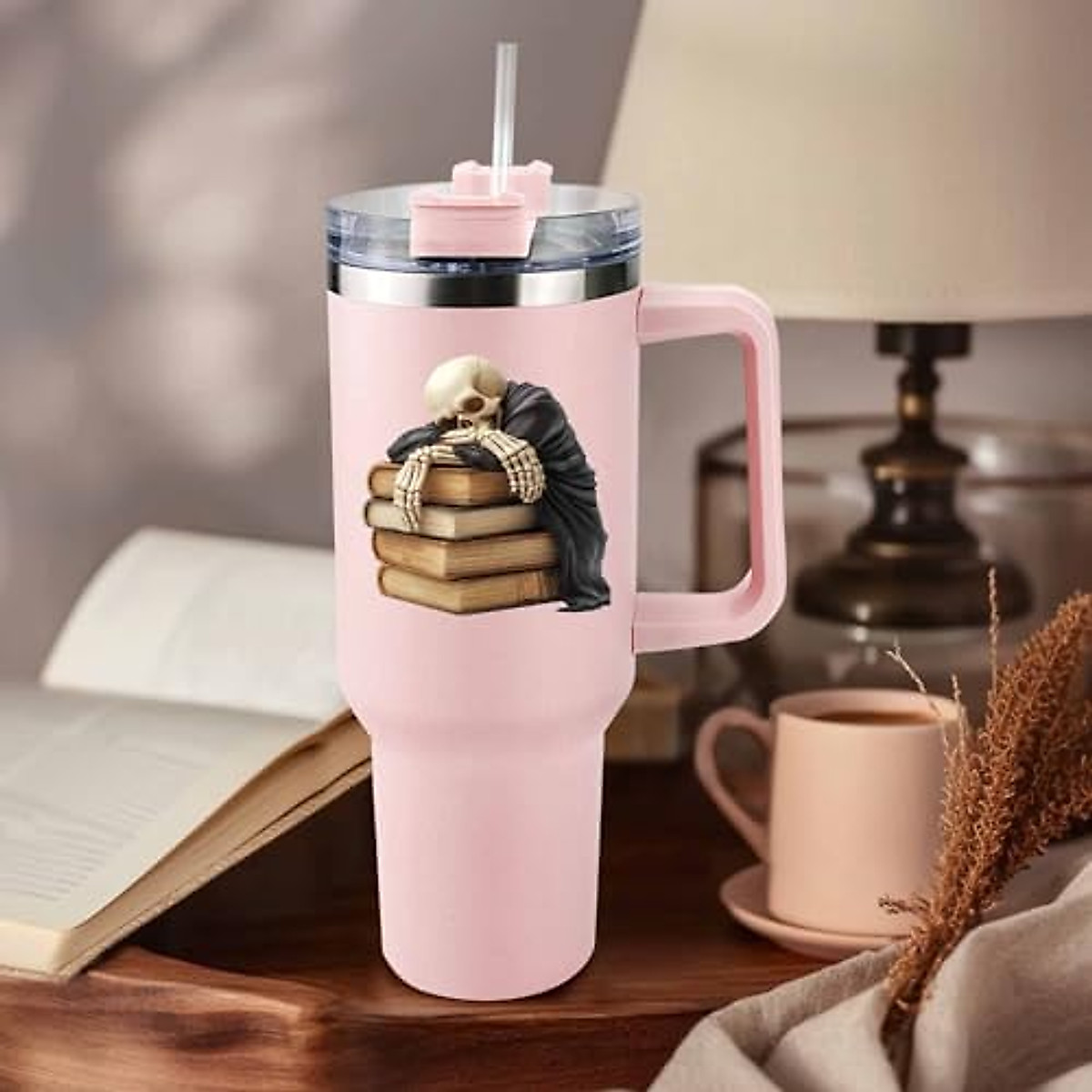 LB LEOBON 40 ounce insulated cup with handle, double-layer vacuum stainless steel material, equipped with straw, can keep warm or maintain cold drinks Skeletons Sleeping Books 2 Light pink