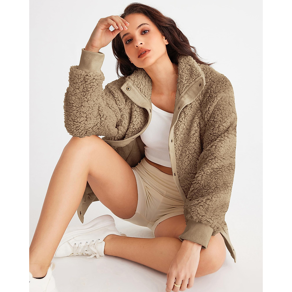 MEROKEETY Women's 2024 Winter Long Sleeve Button Sherpa Jacket Coat Casual Warm Fleece