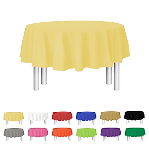 Yellow Disposable Plastic Tablecloth for Round Tables (12 Pack) 84 inches Table Cloths for Parties, Events & Weddings, Indoors & Outdoors, Plastic Table Cover