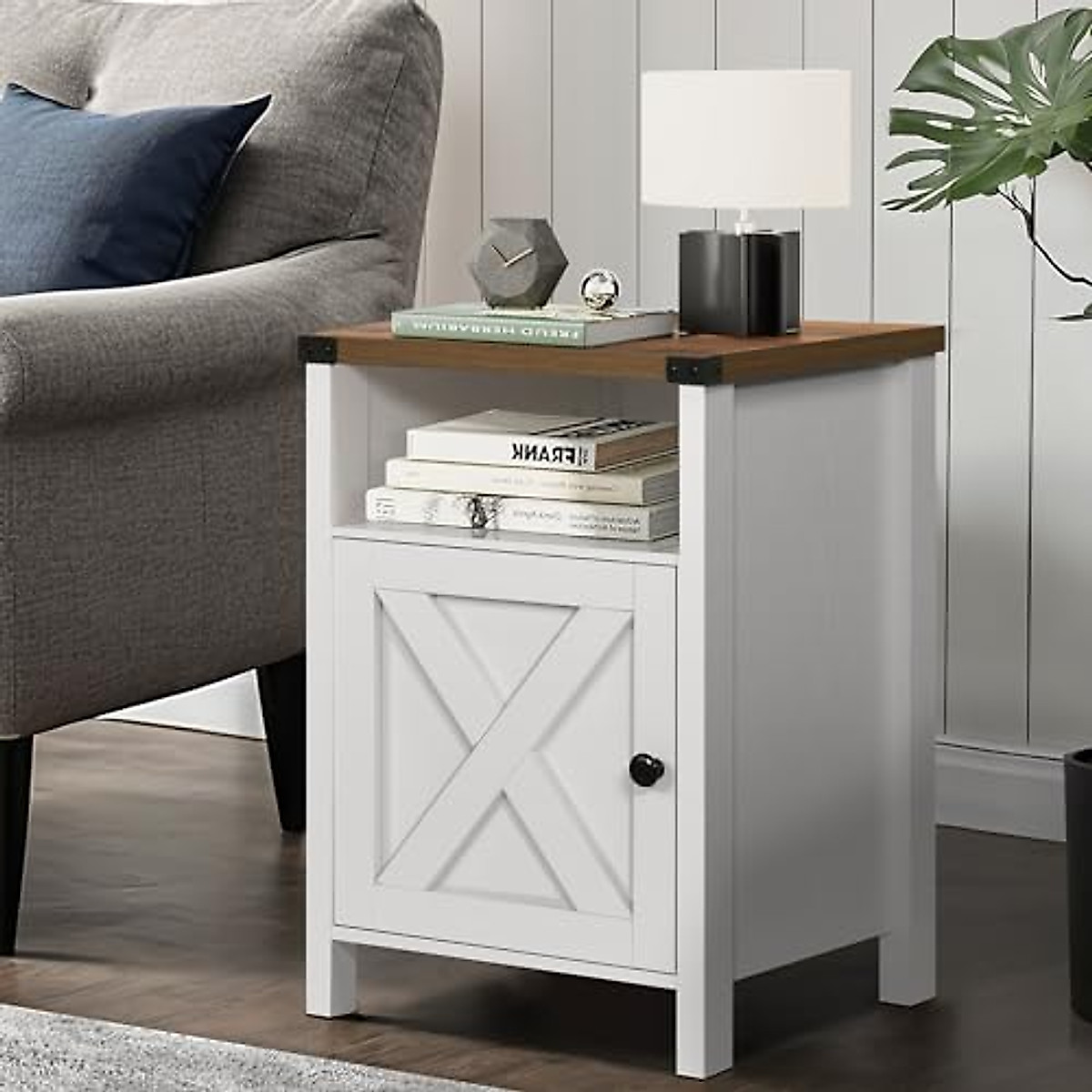 Catrimown Farmhouse End Table, Set of 2, Rustic Night Stand with Barn Door and Storage Shelf, White End Table Side Table for Bedroom Living Room, White