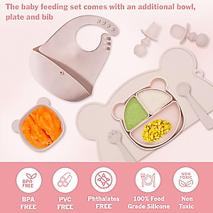 Shandra Silicone Baby Feeding Set (12 pcs) - Baby Led Weaning Supplies - Baby Feeding Accessories - Suction Divided Plate, Plates and Bowls, Sippy Cup Straw & Lid, Bibs, Spoons, Forks (Pink)