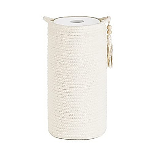 Mkono Woven Toilet Paper Holder Boho Basket for Toilet Paper Storage, Bathroom Decor Toilet Roll Holder Stand with Wooden Beads for 3 Spare Rolls, Cotton Rope Toilet Paper Organizer Basket with Handle