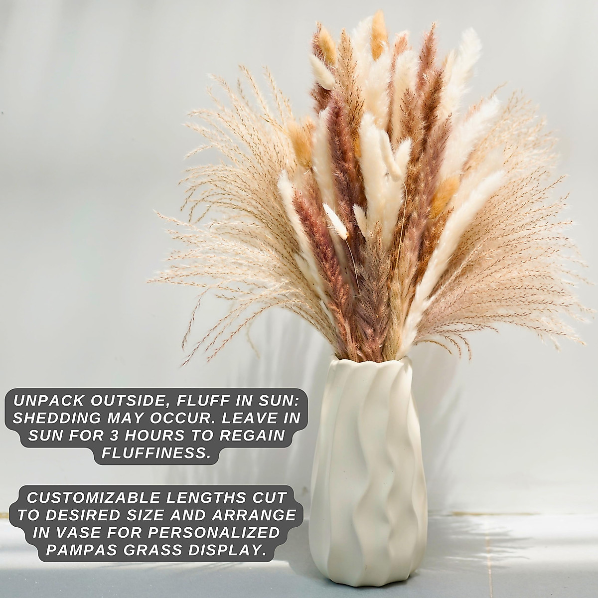 Natural Dried Pampas Grass Bouquet - 85 PCS with Bunny Tails, Dried Flowers, and Pompas for Boho Home Decor, Wedding Floral Arrangements, Rustic Farmhouse Party in White and Brown