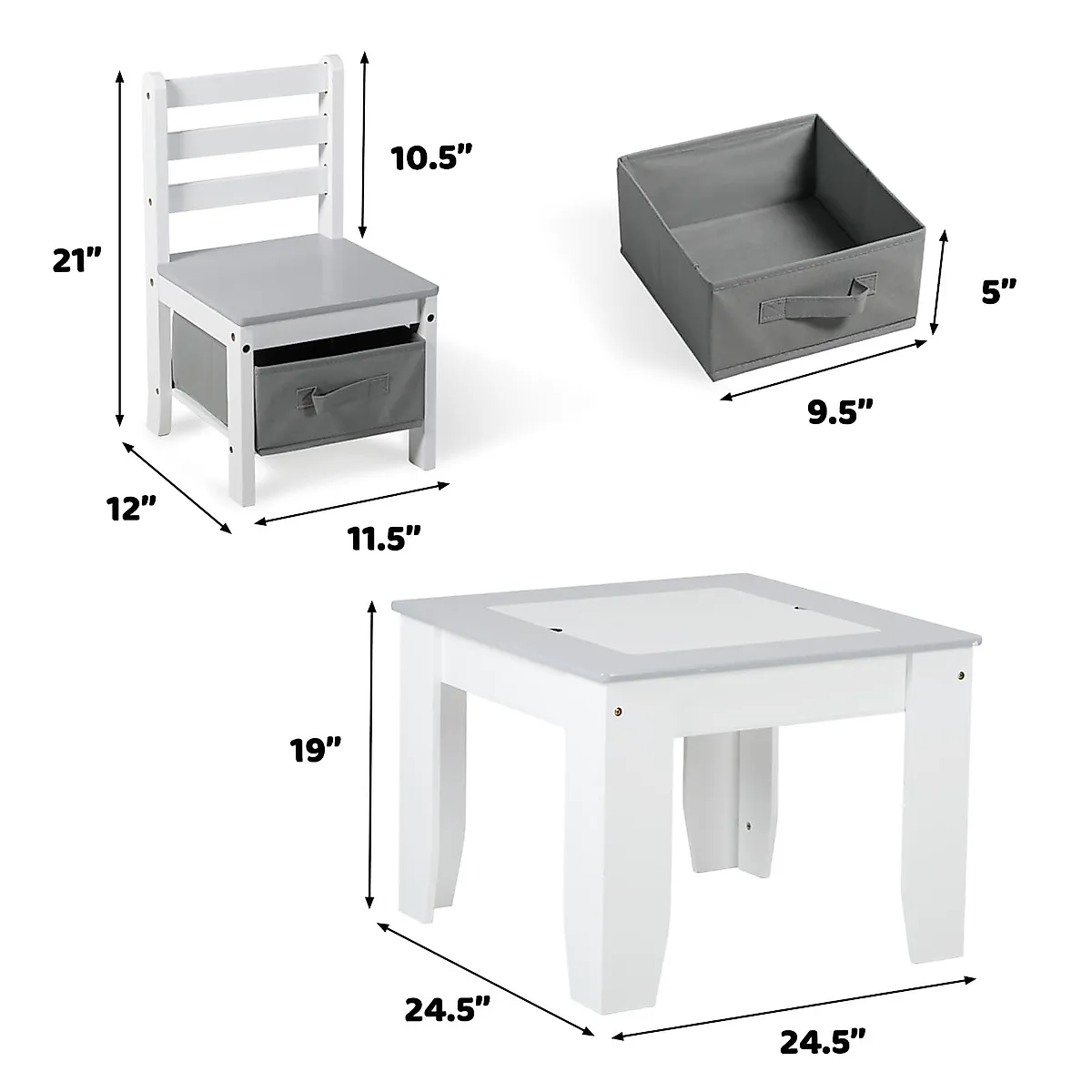 Kinder King Kids Wood Table & 2 Chairs Set, 3 in 1 Children Activity Table w/Storage, Removable Tabletop, Blackboard, 3-Piece Toddler Furniture Set for Art, Crafts, Drawing, Reading, Grey& White…