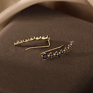 Reffeer 925 Sterling Silver 7 Crystals Cuff Earrings Climber for Women CZ Crawler Earrings Wraps (D-Gold-Black CZ)