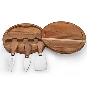 Tungyi Round Slide-Out Acacia Wood Cheese Serving Board and 3 Piece Cheese Tool Set, 7.5 inch Diameter, Ideal for Outdoor Picnic Housewarming Kitchen Personalized Gift