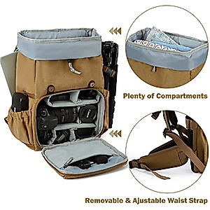 BAGSMART Camera Backpack, DSLR Camera Bag, Waterproof Camera Bag Backpack for Photographers, Fit up to 15" Laptop with Rain Cover and Tripod Holder, Khaki