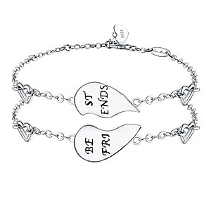 NINAMAID " BEST FRIENDS Engraved 925 Sterling Silver Half Heart Shaped Inspirational Friendship Bracelets Set of 2