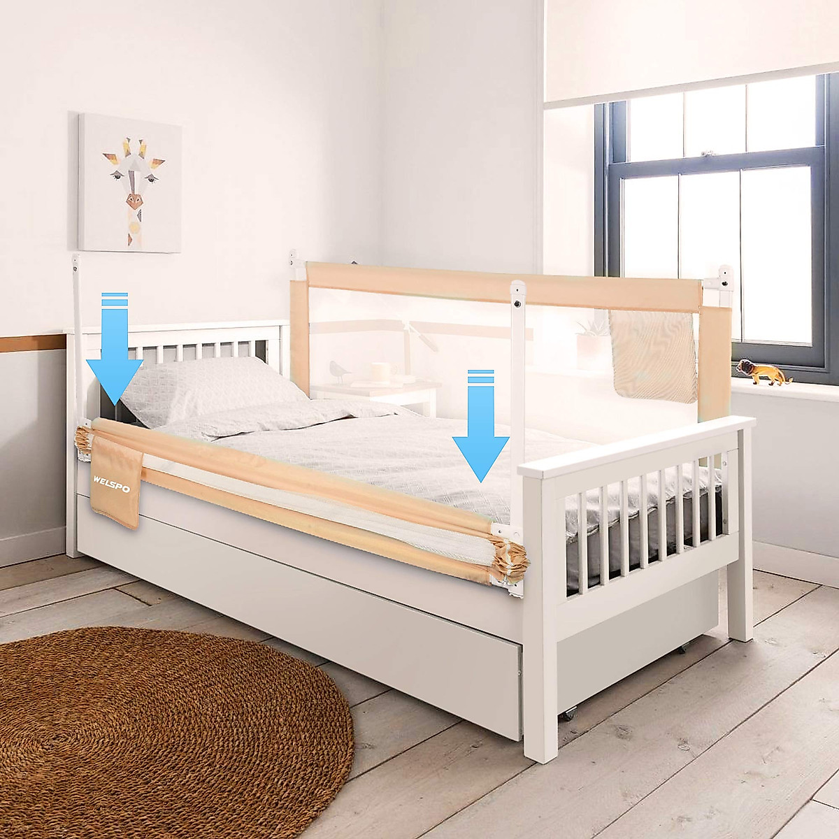 welspo 70 Inches Bed Rail for Toddlers Fold Down Safety Baby Bed Guard Swing Down Bedrail for Convertible Crib, Kids Twin, Double, Full Size Queen & King Mattress, Beige [Upgraded] (1 Pack)