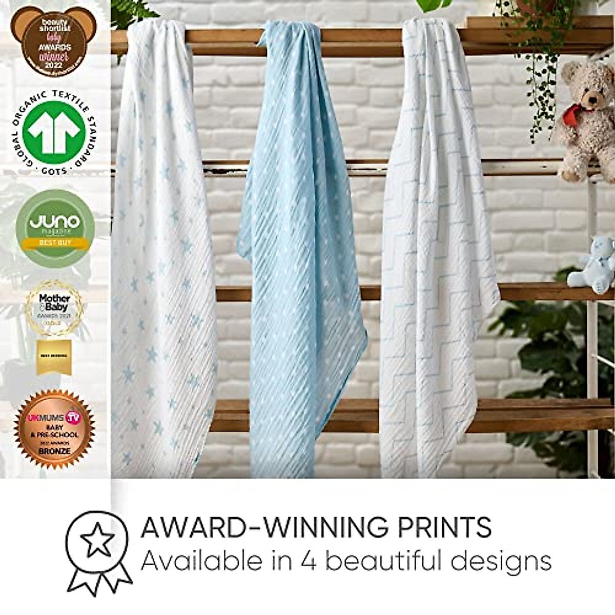 Bloomsbury Mill - Pack of 3 Super Soft Muslin Swaddle Blankets - 100% Certified Organic Cotton Muslin Swaddles - Blue &amp; White - 47&quot; x 47&quot;
