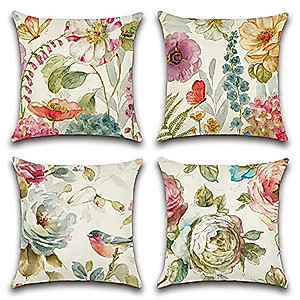 Artscope Set of 4 Waterproof Throw Pillow Covers 18x18 Inches, Colorful Flowers Bird and Butterfly Pattern Decorative Cushion Covers, Perfect to Outdoor Patio Garden Living Room Sofa Farmhouse Decor