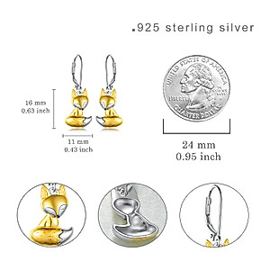 Fox Earrings 925 Sterling Silver Fox Leverback Earrings Cute Animal Dangle Drop Earrings Jewelry Gift for Women