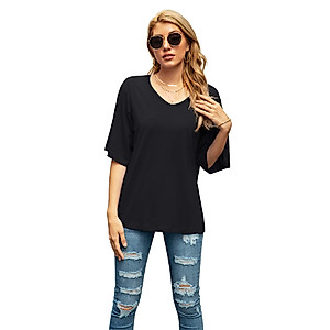 SUEANI Women's Summer V-Neck 3/4 Bell Sleeve Loose Shirt Casual Basic Top(Medium, Black)
