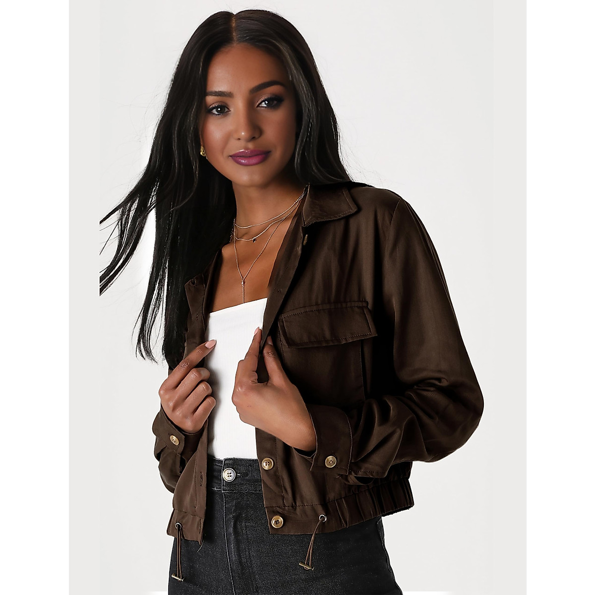 Vimyig Women's Lightweight Black Cropped Utility Jacket Military Safari Button Down Anorak Coat with Pockets(Brown-M)