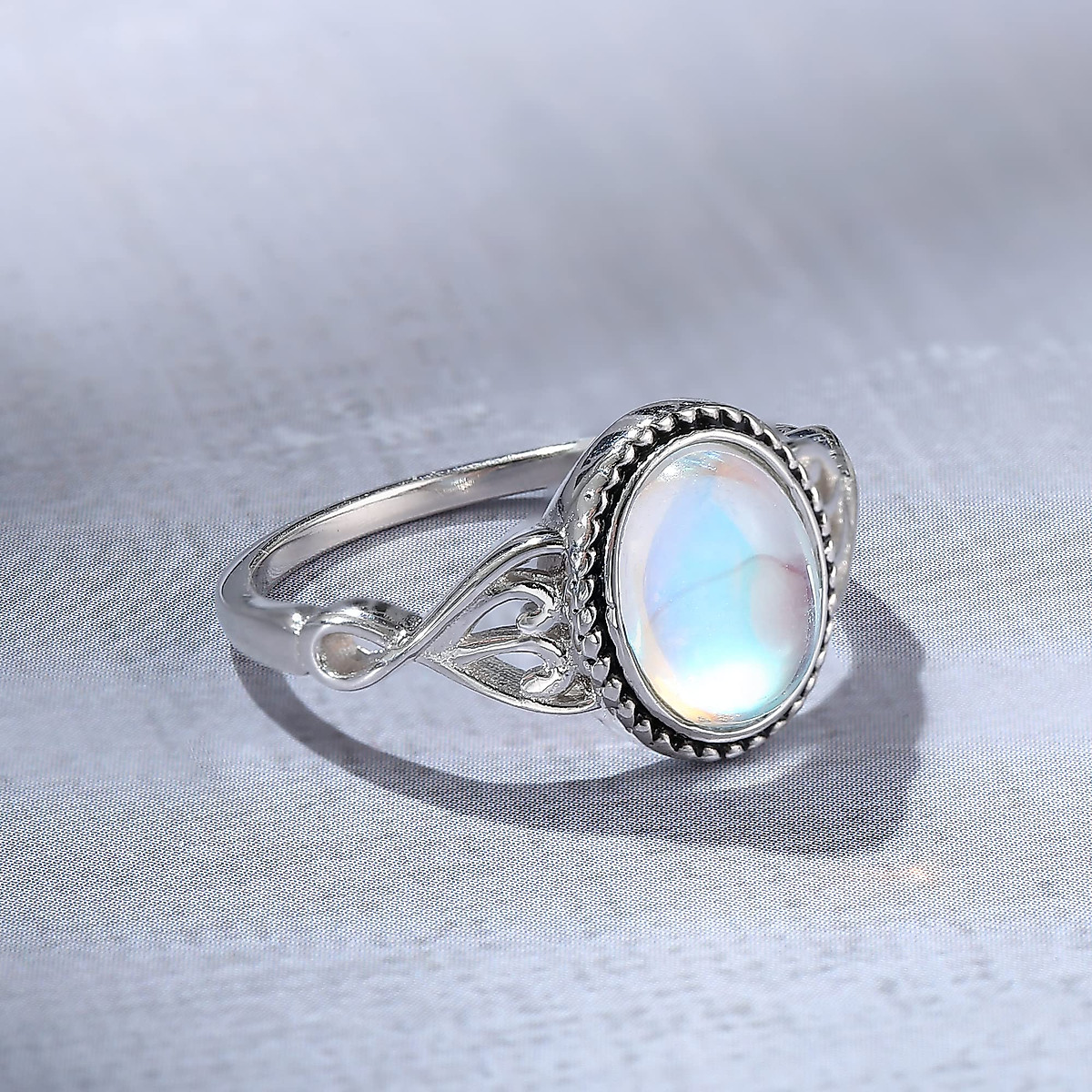 MILACOLATO Moonstone Rings for Women 925 Sterling Silver Jewelry | 18K White Gold Vintage Celtic Knot Rings | Bezel Solitaire Rings | 5/6/7/8/9/10/11, Sterling Silver, Cubic Zirconia