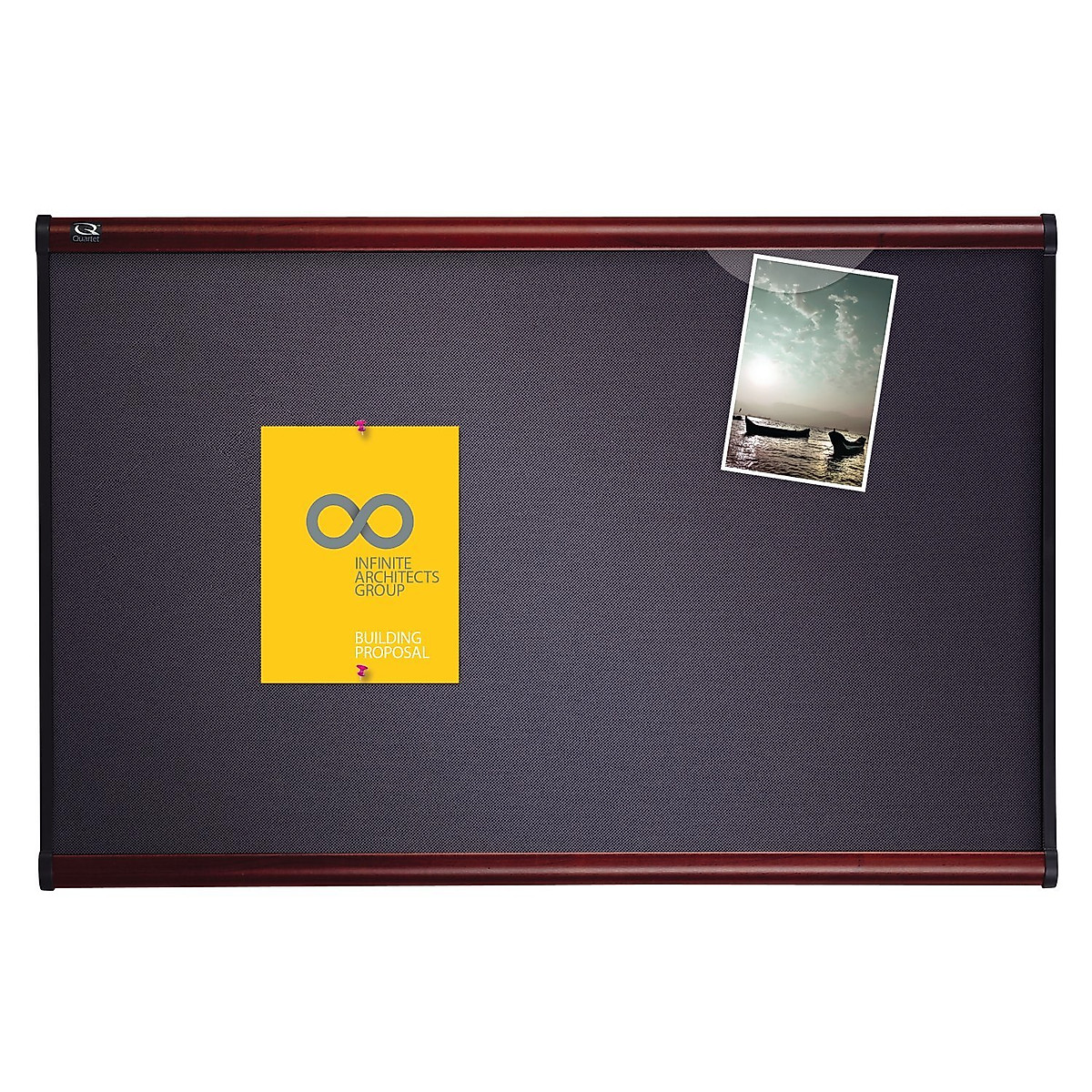 Quartet Prestige Grey Diamond Mesh Fabric Bulletin Board, 4 x 3 Feet, Mahogany Finish Frame (B444M)