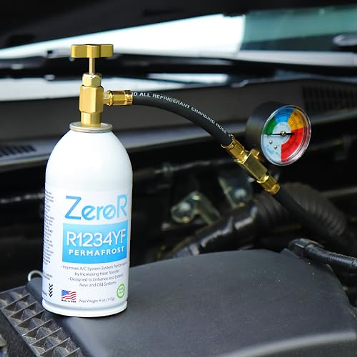 ZeroR Performance Boost Kit for R1234YF Refrigerant AC Systems | 24" Charging Hose with Gauge | 3 Cans