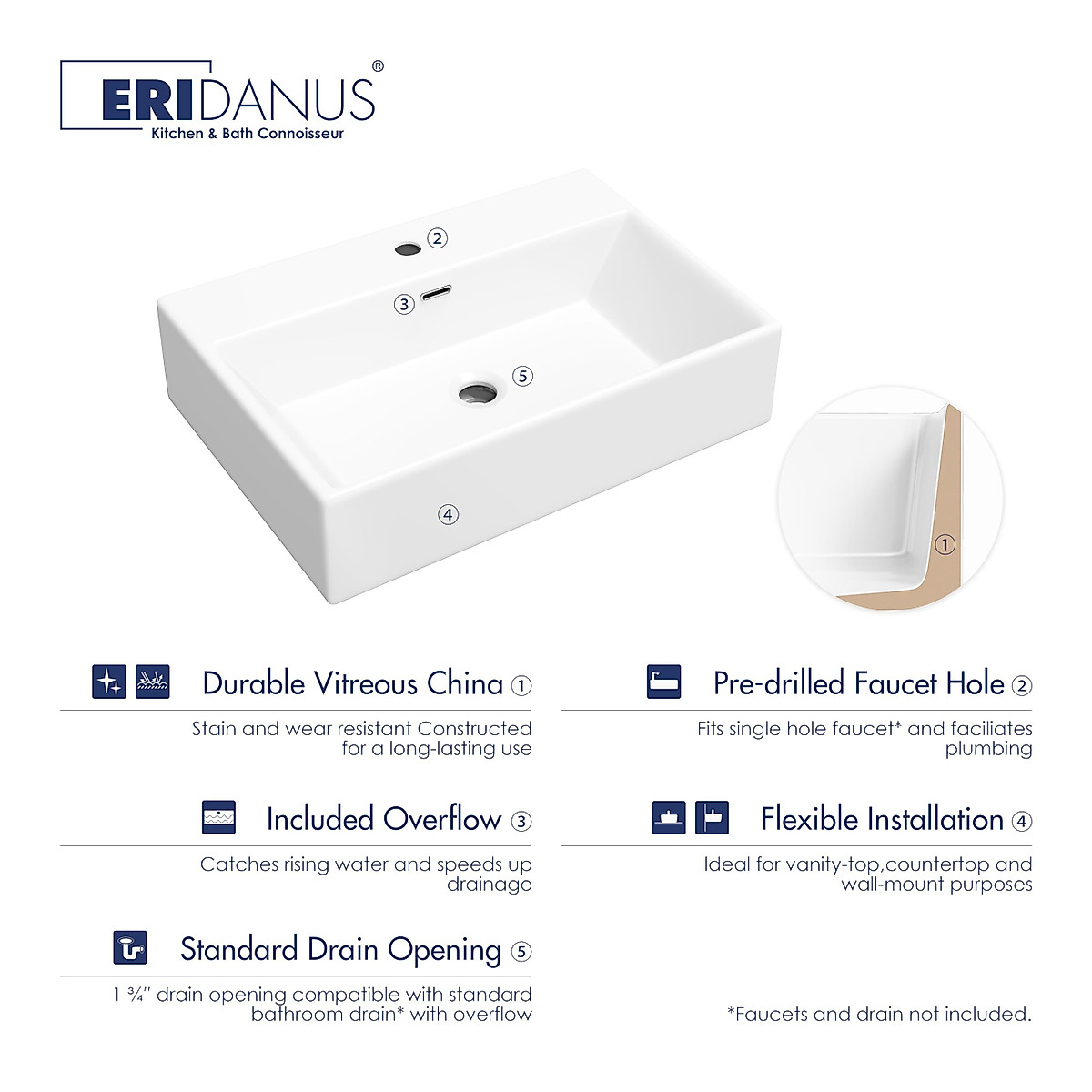 24" x 16" Bathroom Sink Vessel Rectangle, Eridanus Hang Wall Mount Sinks Countertop Vanity Floating Trough Washbasin, Ceramic Porcelain Modern White Art Basin Bowl with Overflow