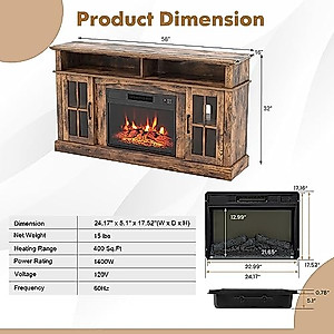 COSTWAY Electric Fireplace TV Stand for TVs Up to 65 Inches, 1400W Heater Insert with Remote Control, 6H Timer, 3-Level Flame, Overheat Protection and CSA Certification, Adjustable Shelves, Brown