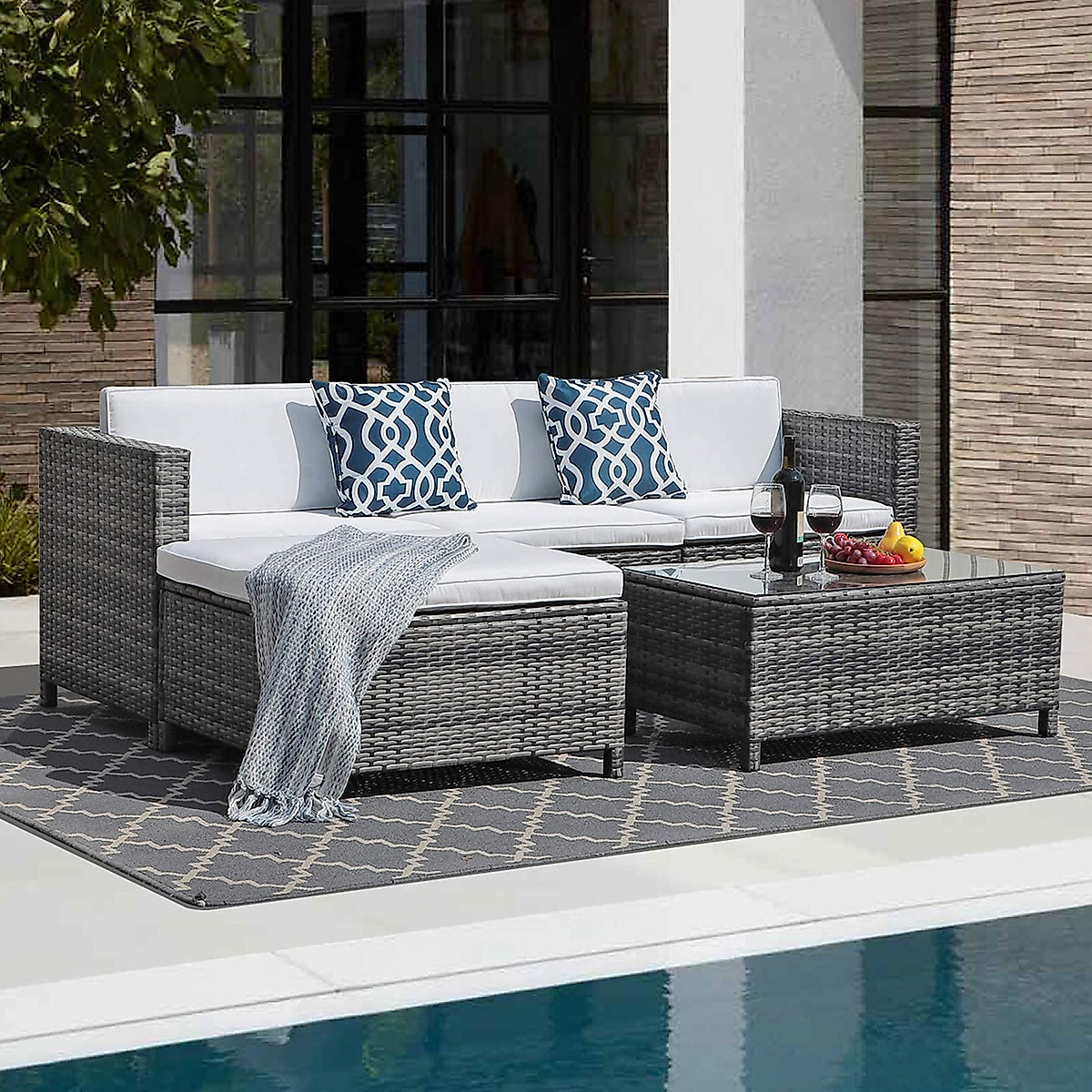 JOIVI Patio Furniture Sets, 5 Pieces All-Weather Outdoor Sectional Sofa Grey Wicker Rattan Patio Conversation Set with Ottoman, Washable White Cushions and 2 Blue Pillows
