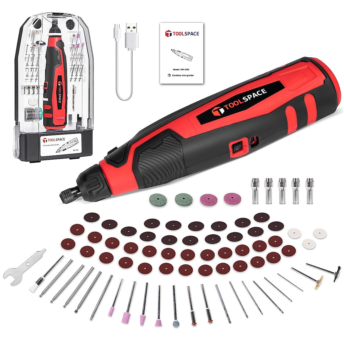 TOOLSPACE 12V Cordless Rotary Tool Kit - 6 Variable Speeds USB Charging Power Rotary Tools for Engraving, Sanding, Polishing, Cutting, Grinding, Wood Carving, DIY and Craft Projects