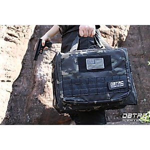 DBTAC Gun Range Bag Large | Tactical 4+ Pistol Shooting Range Duffle Bag for Handguns and Ammo with 2X Removable Hook & Loop Divider for DSLR | US Flag Patch + Universal Holster Included (Black Camo)