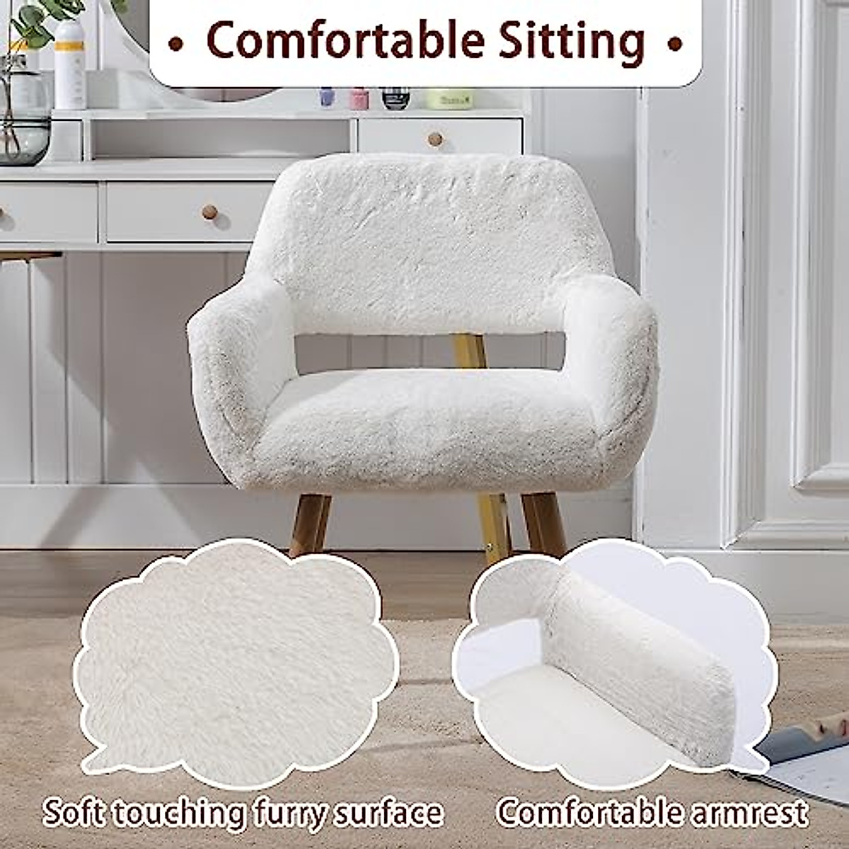 GOOLON Desk Chair No Wheels 1 PC, Modern Fluffy Office Chair, Furry Vanity Chair for Bedroom with Hollow-Out Backrest Comfy Armrest Soft Cushion Sturdy Wood Frame with Metal Legs for Home, White