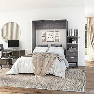 Bestar Cielo Queen Murphy Bed with Nightstand and Floating Shelves (85W) in Bark Gray and White, Sleeping Arrangement for Multipurpose Room