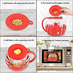 The Original Korcci 3 Quart Microwave Glass Popcorn Popper, Borosilicate Glass, Dishwasher Safe, 3-in-1 Silicone Lid, BPA Free, Family Size (Red)