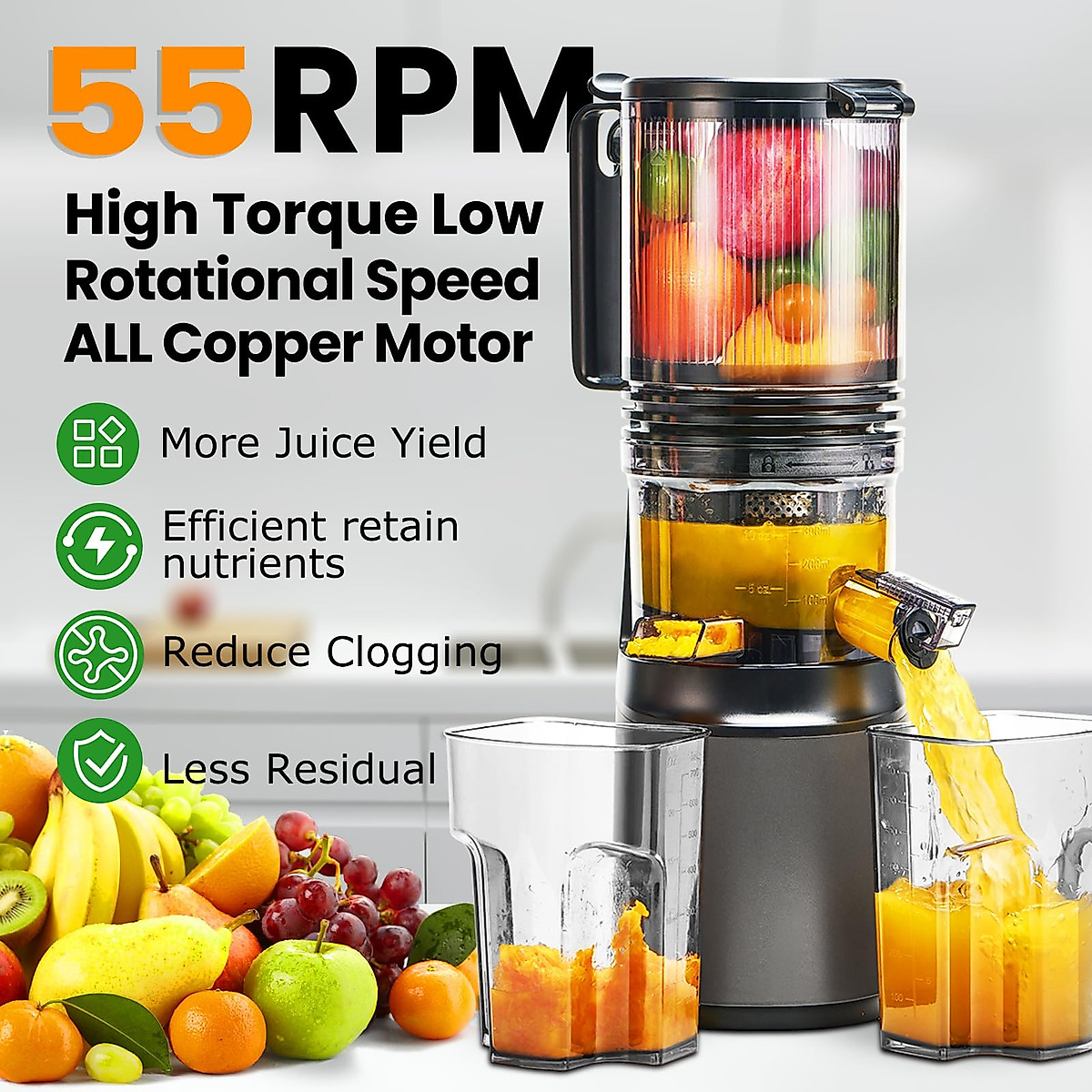ATSENT Cold Press Juicer,Slow Masticating Juicer Machines with 5.3" Large Feed Chute for Most Fruits and Vegetables,Easy to Clean Lemon Orange Juicer with 250W Motor and High Juice Yield