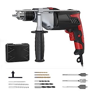 DEKOPRO 8Amp 1/2-inch Corded Impact Drill with 12pcs Accessories, Variable Speed 0-2800, Hammer and Drill 2 Functions in 1, 360°Rotating Handle, Depth Gauge, Carrying Case Included