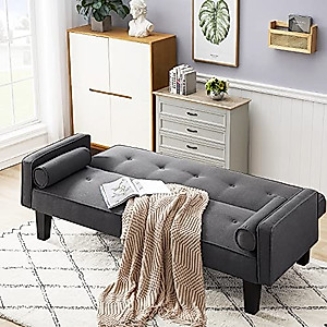 Lamerge Futon Sofa Bed with 2 Pillows, Modern Upholstered Loveseat with 3 Angle Adjustable Backrest, Convertible Sleeper Sofa Couch for Compact Small Space, Apartment and Living Room, Dark Grey