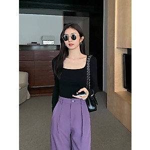 OQQ Women's 2 Piece Bodysuits Sexy Ribbed One Piece Square Neck Long Sleeve Tops Black Rose