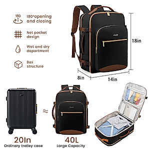 LOVEVOOK 40L Large Travel Backpack for Women Men, 17 Inch Carry on Backpack for Traveling on Airplane, Personal Item Bag Airline Approved, Business Causal Weekender Backpack, Black-Brown