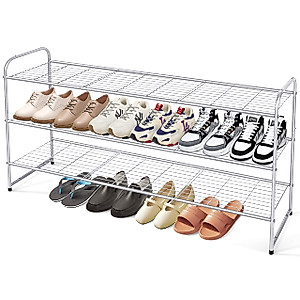 KEETDY 3-Tier Long Shoe Rack for Closet Metal Shoe Organizer for Entryway, Wide Stackable Shoe Storage Shelf with Sturdy Wire Grid for Closet Floor, Bedroom, Grey…