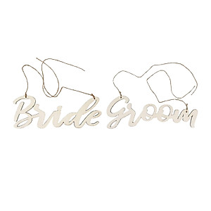 Efavormart Set of 2 | Natural Wood Bride and Groom Chair Signs, Wedding Photo Booth Props, Calligraphy Wall Hanging Decor - 12"X5"