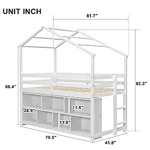 Twin Size House Loft Bed with Roof Frame, Under Bed Shelving Storage Unit, Solid Wood Loft Bed Frame with Ladder and Guardrails for Kids Teens Boys Girls, No Box Spring Needed (White)