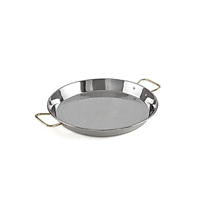 Gourmanity 16 inch Stainless Steel Flat Paella Pan, 40cm Large Stainless Steel Frying Pan Imported from Spain, Dishwasher and Oven Safe, Paellera with Gold Plated Handles, 9 Servings, Made by Garcima