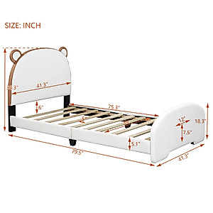 Harper & Bright Designs Twin Size Upholstered Platform Bed Frame with Bear-Shaped Headboard and Footboard for Boys Girls Kids Toddler,Brown+White (White5)