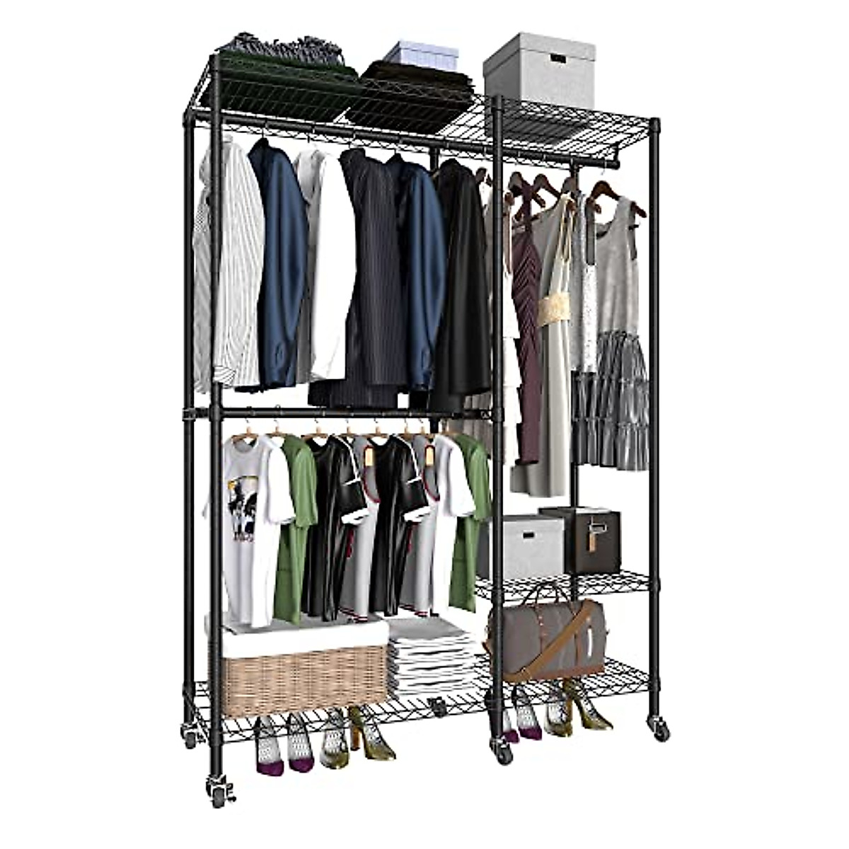 Serxis Portable Closets Heavy Duty Garment Rack Adjustable Rolling Clothes Rack with Lockable Wheels, Metal Wire Clothing Rack,Freestanding Open Wardrobe Closet Storage Rack,Max Load 600LBS, Black