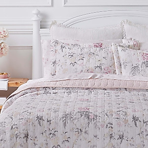 Laura Ashley - Queen Quilt Set, Reversible Cotton Bedding with Matching Shams, Lightweight Home Decor for All Seasons (Breezy Floral Pink/Grey, Queen)