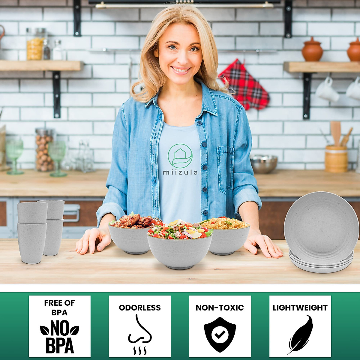 Miizula Premium 16 Pcs Light Gray Wheat Straw Dinnerware Sets - Unbreakable Reusable Plastic Wheat Straw Bowls & Plates Dinner Set - Microwave Dishwasher Freezer Safe - Deep Spillproof - Eco Friendly