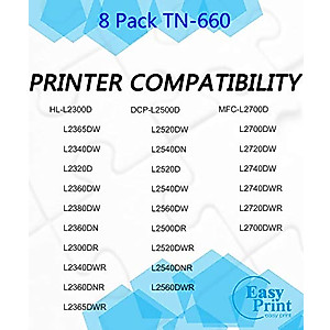 8-Pack Compatible TN660 Toner Cartridge TN-660 Work for Brother HL-L2340DW L2380DW L2340DWR DCP-L2500D DCP-L2540DNR MFC-L2720DW MFC-L2700DW Printer, Sold by EasyPrint