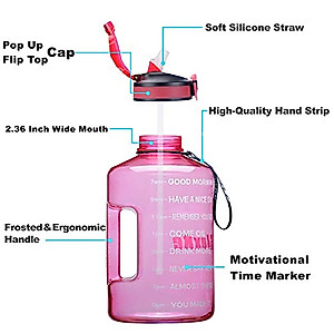 SLUXKE Gallon Water Bottle with Straw and Time Marker, 74oz BPA Free Huge Water Jug with Handle, LeakProof Pop Up Daily Water Intake Bottle Light Pink