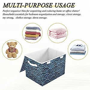 Vnurnrn Collapsible Storage Bins with Lids, Japanese Style Wave Foldable Storage Boxes, Storage Box Cube with Lid for Clothes,Bedroom,Toys,16.5x12.6x11.8 Inch