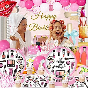 233 PCs Spa Party Supplies for Girls, Hombae Spa Makeup Salon Cosmetics Birthday Decorations Backdrop Balloon Garland Banner Tablecloth Cake Cupcake Topper Plate Napkin Cup Straw Knife Fork Spoon