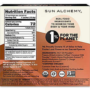 Sun Alchemy Cognitive Coffee with Organic MCT Oil, Fair-Trade Coffee, Lion’s Mane, Reishi & Chaga - 10 Sachets