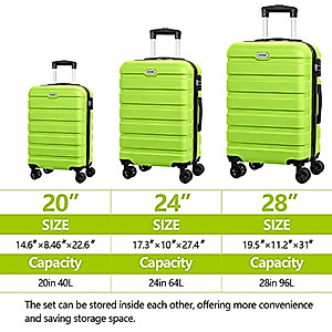 AnyZip Luggage Sets 3 Piece PC ABS Hardside Lightweight Suitcase with 4 Universal Wheels TSA Lock Carry On 20 24 28 Inch Apple Green