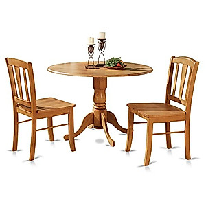 East West Furniture Dublin 3 Piece Set for Small Spaces Contains a Round Dining Room Table with Dropleaf and 2 Wood Seat Chairs, 42x42 Inch, Oak