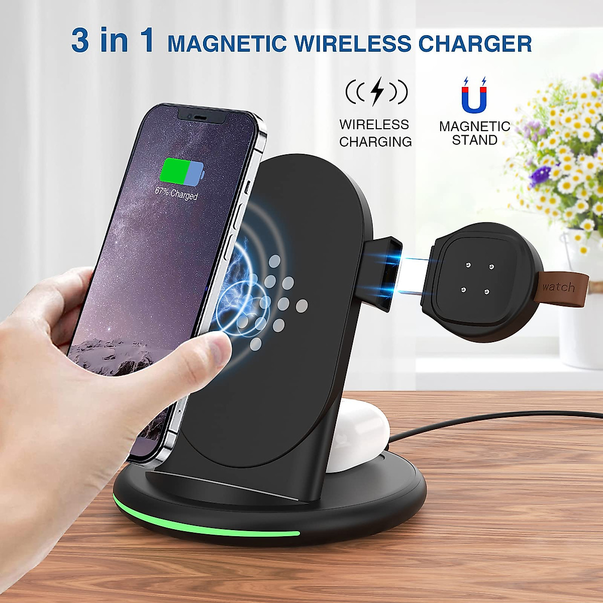 KOJACMUR 3 in 1 Charger for Fitbit Sense/Sense 2/Fitbit Versa 3/Versa 4,Wireless Charging Station Compatible for iPhone 13/14 Pro Max/12/11/8, for Samsung Galaxy S22+ S22, for AirPods Pro/3（Black）